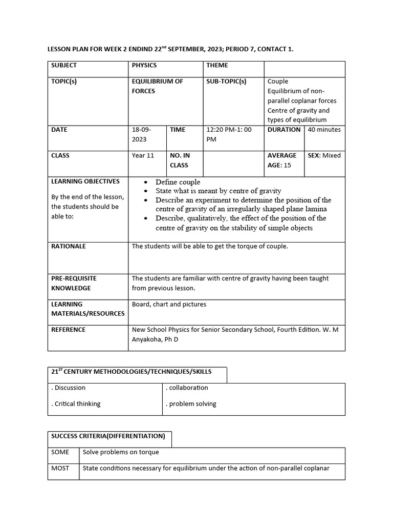 Equilibrium of Forces Lesson Plan | PDF | Force | Center Of Mass