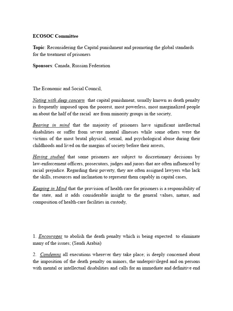 MUN Resolution Paper Sample | PDF | Capital Punishment | Misconduct