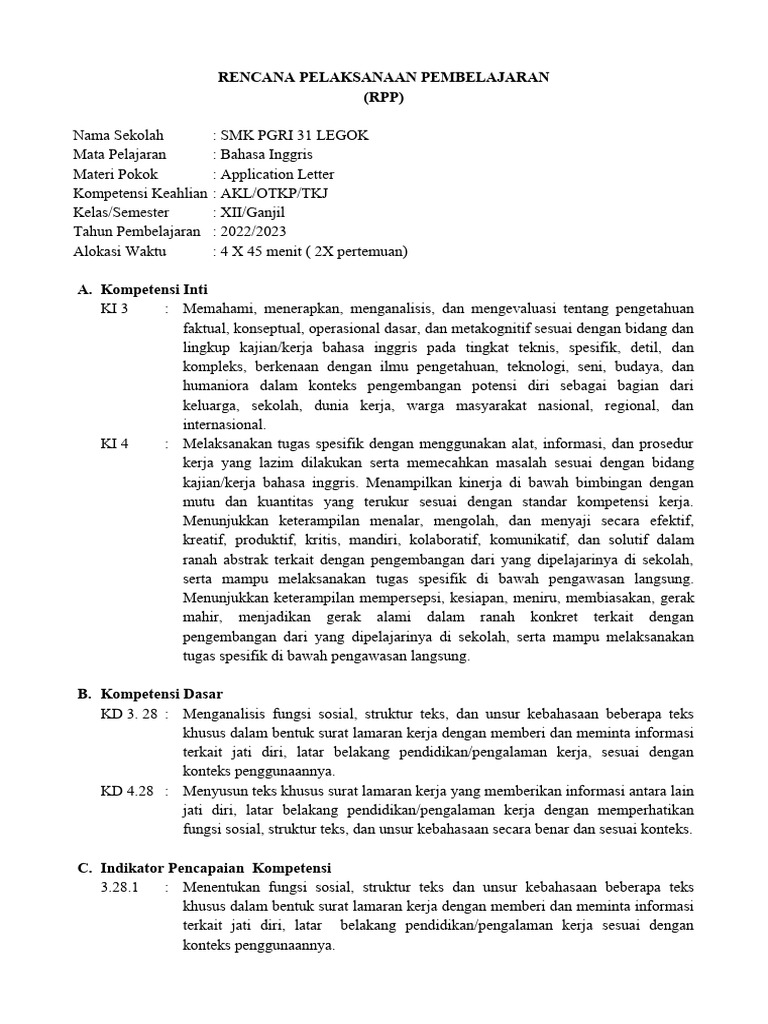 Lesson Plan Application Letter | PDF