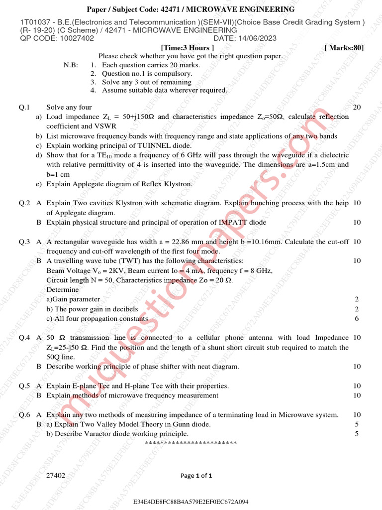 Be Electronics and Telecommunication Semester 7 2023 May Microwave Engineering Rev 2019 C Scheme ...