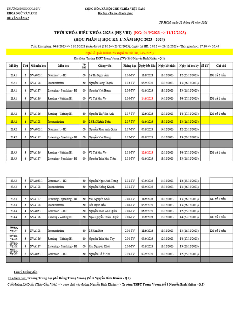 TKB, DSSV Theo Tung Mon Hoc K.2023A (VB2) (KG 04.9.23 - 11.12.23) | PDF