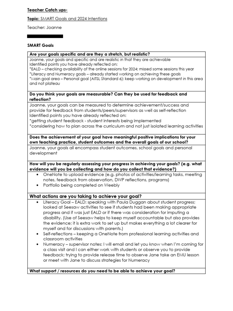SMART Goals and 2024 Teaching Intentions | PDF