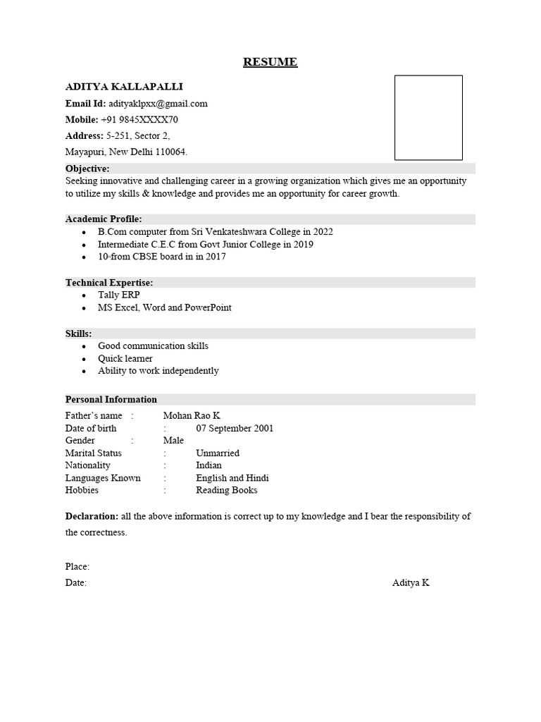 Simple Fresher Resume Format 5 | PDF