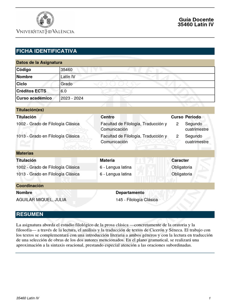 Ficha Identificativa: Guía Docente 35460 Latín IV | PDF