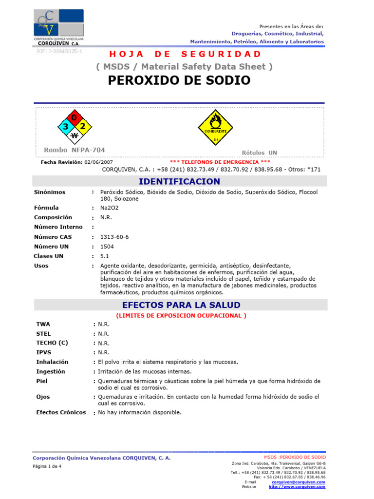 Msds Peroxio de Sodio | PDF