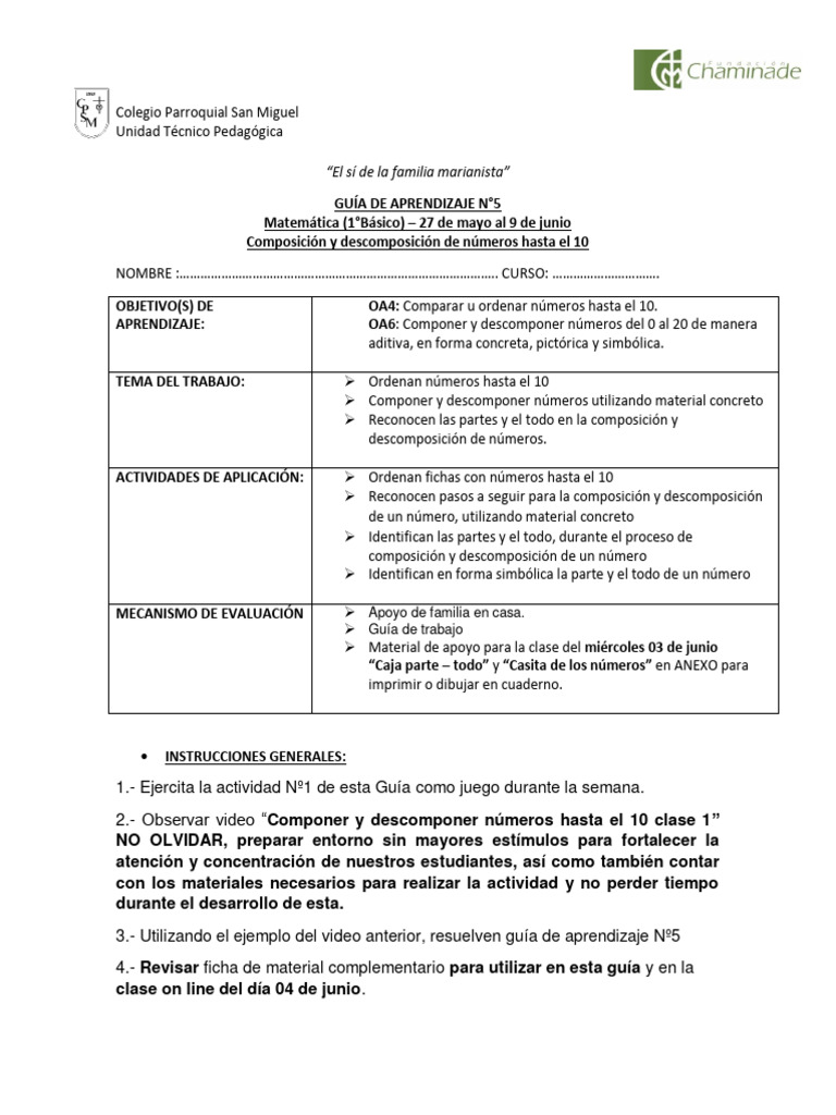 Matematicas 1° Basico Guia 5 Composición y Descomposición de Números ...