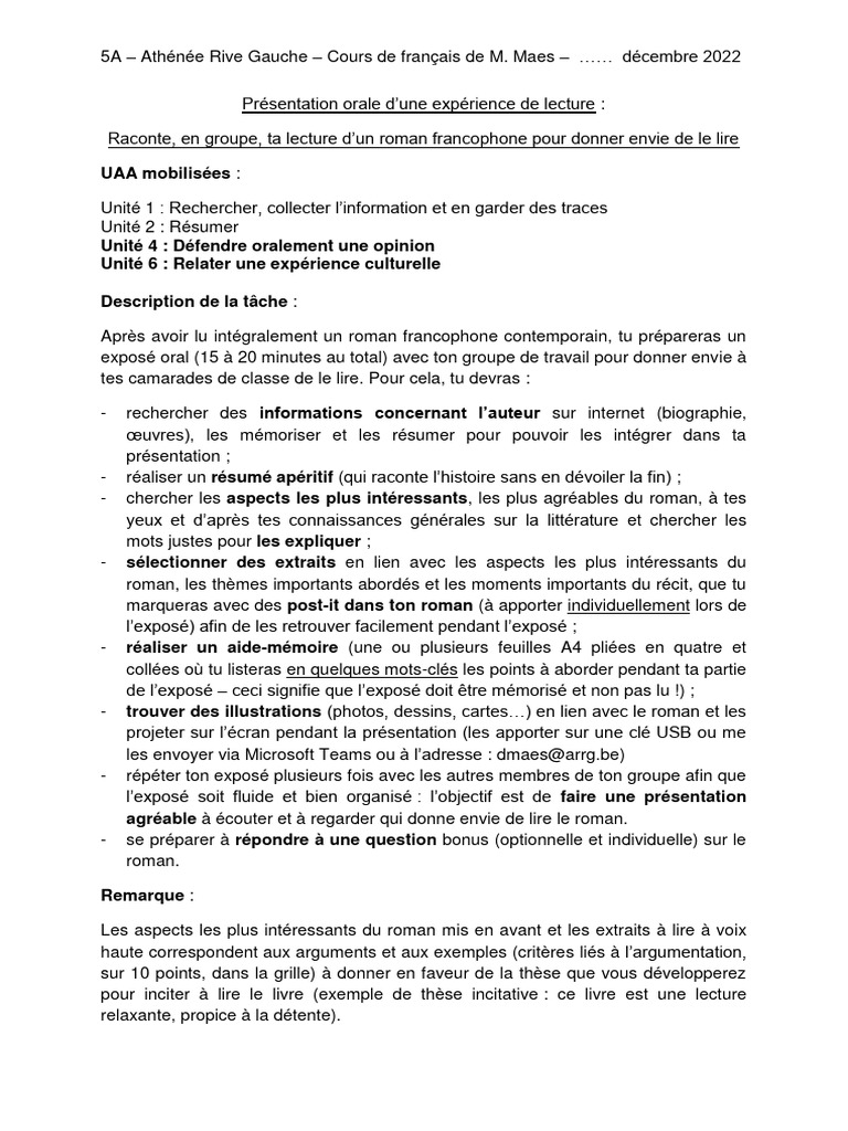 Présentation Orale D'une Expérience de Lecture - Description de La Tâche Et Grille D'évaluation ...