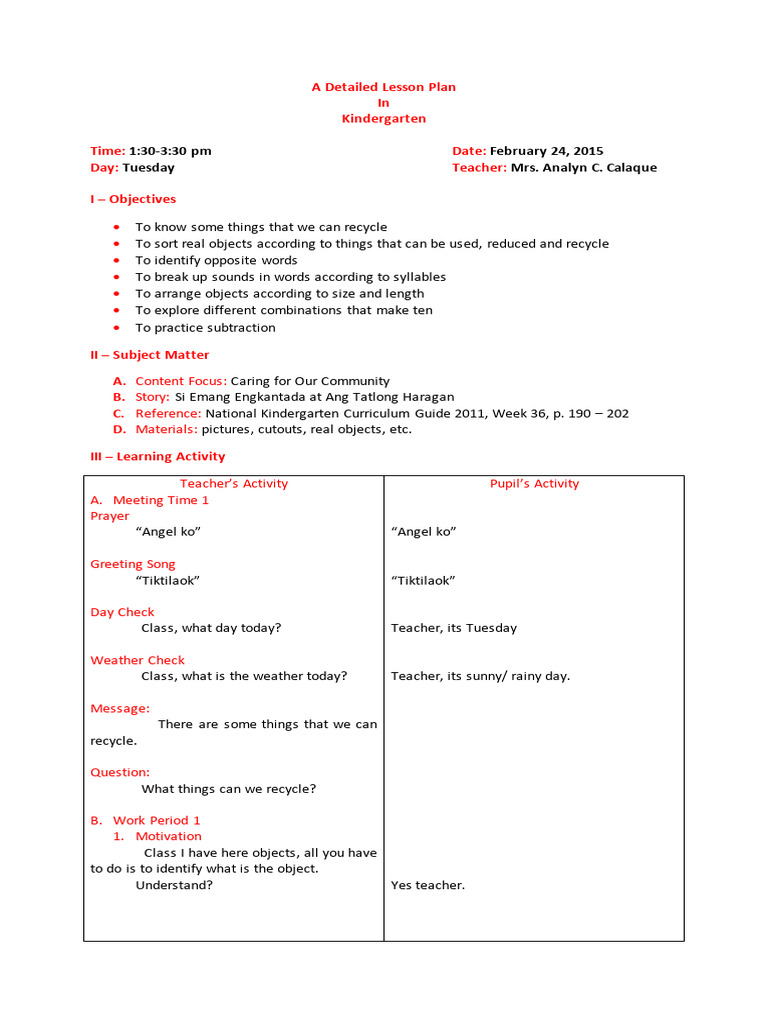 Kindergarten Recycling Lesson Plan | PDF | Teachers | Lesson Plan