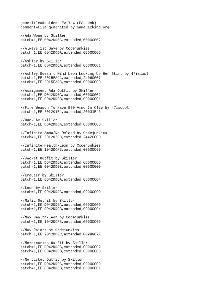 Resident Evil 4 PAL Patch Codes | PDF | Computers
