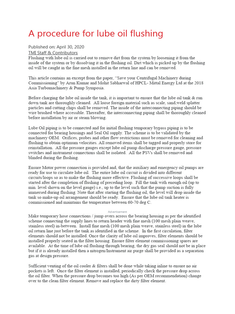 Lube Oil Flushing Procedure Guide | PDF | Pump | Fluid Dynamics