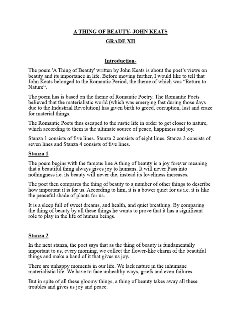 A Thing of Beauty Notes | PDF | John Keats | Poetry