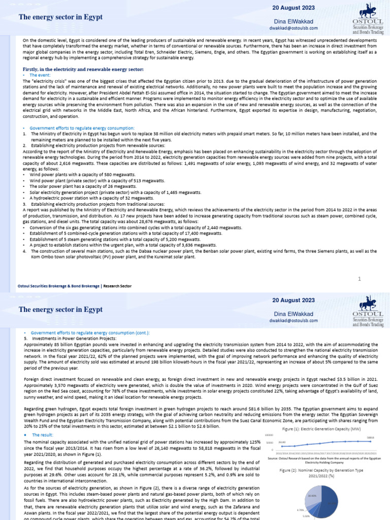 The energy sector in Egypt - August 2023 - Ostoul | PDF
