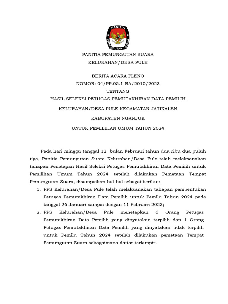 Ba-Penetapan Hasil Seleksi Pantarlih (Pasca Pemetaan TPS) | PDF
