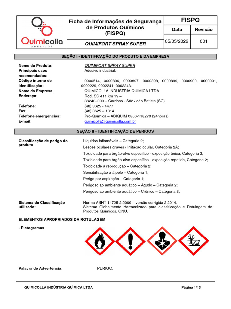 FISPQ Quimifort Spray Super | PDF | Solvente | Química