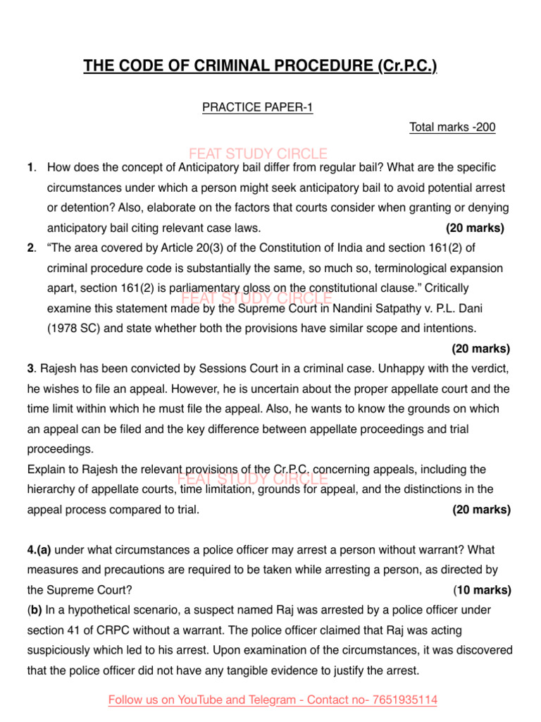CRPC Mock Paper FSC | PDF | Bail | Arrest