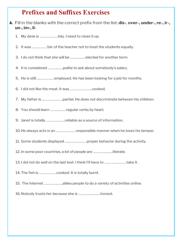 Prefixes and Suffixes Exercises With Answers PDF | PDF