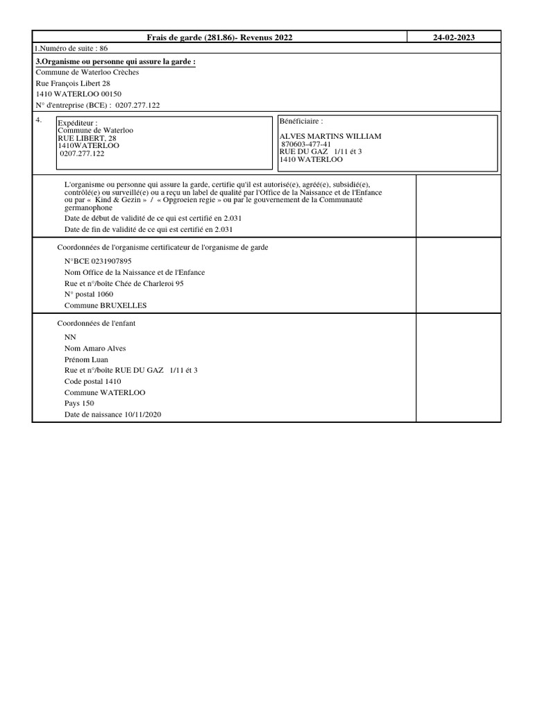 Fiche 281.86 - Frais de Garde D'enfants | PDF
