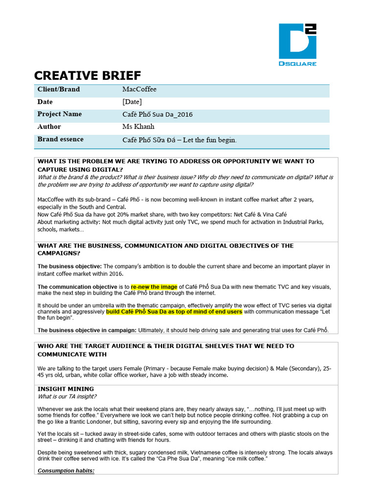 Cafe Pho Sua Da 2016-Creative brief (1) | PDF
