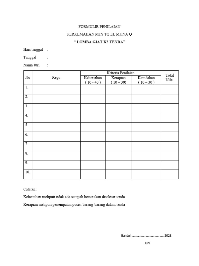 Penilaian K3 Tenda Pramuka MTS TQ | PDF