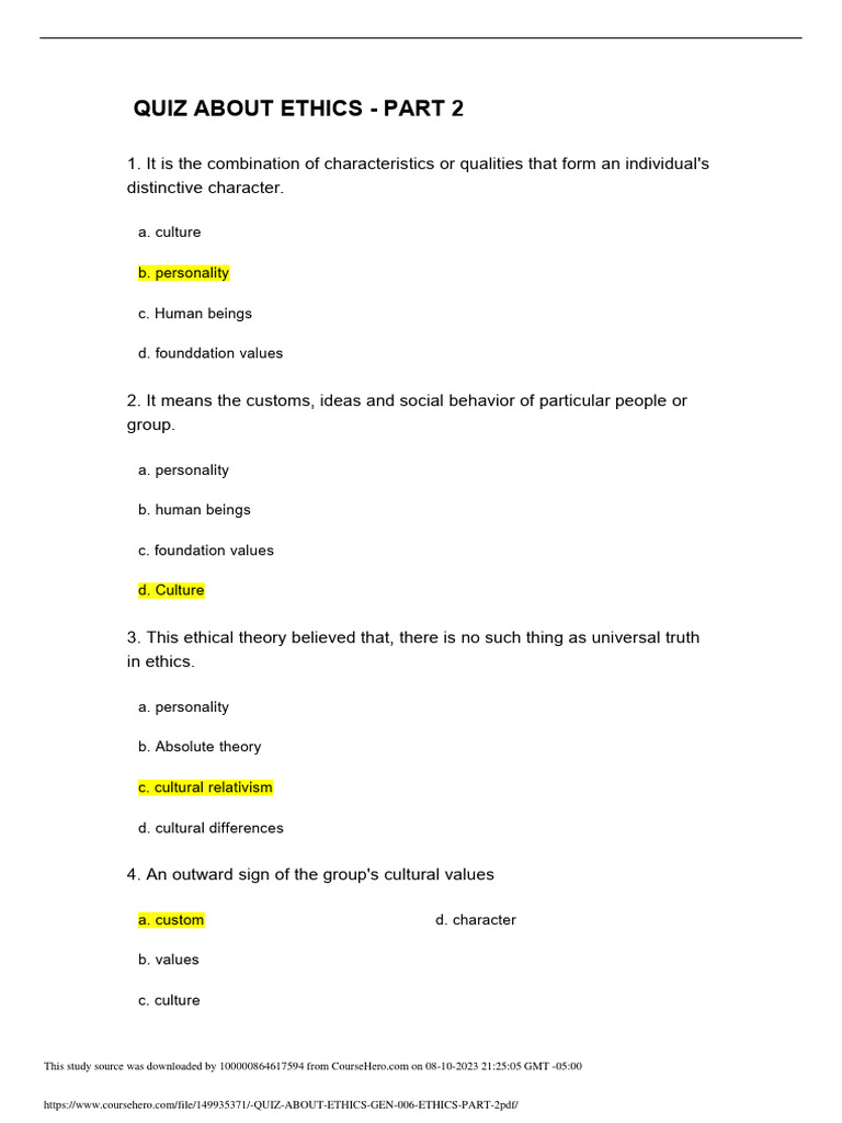 Quiz About Ethics Gen 006 Ethics Part 2 PDF | PDF