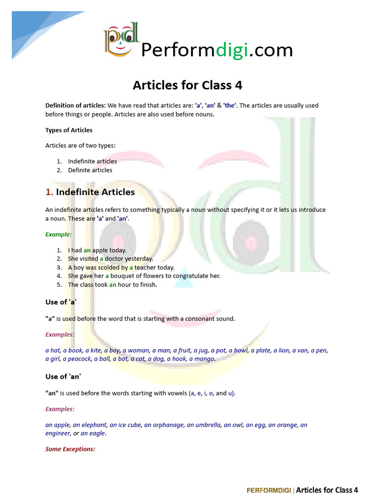 Articles Worksheet for Class 4 | PDF | Language Arts & Discipline