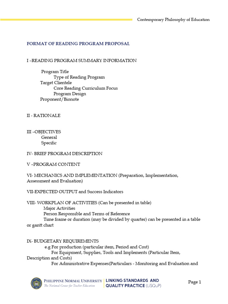 Format of Reading Program Proposal | PDF | Citation | Literacy