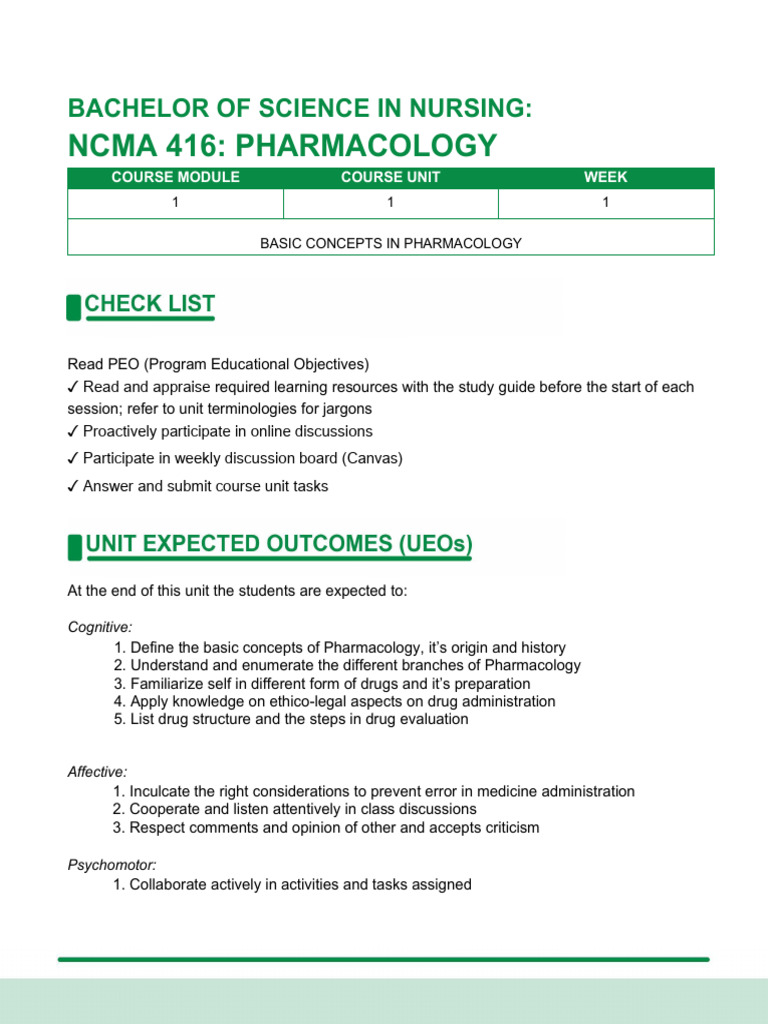 PH CM1 Cu 1 - Basic Concepts in Pharmacology | PDF | Pharmacology | Pharmacy
