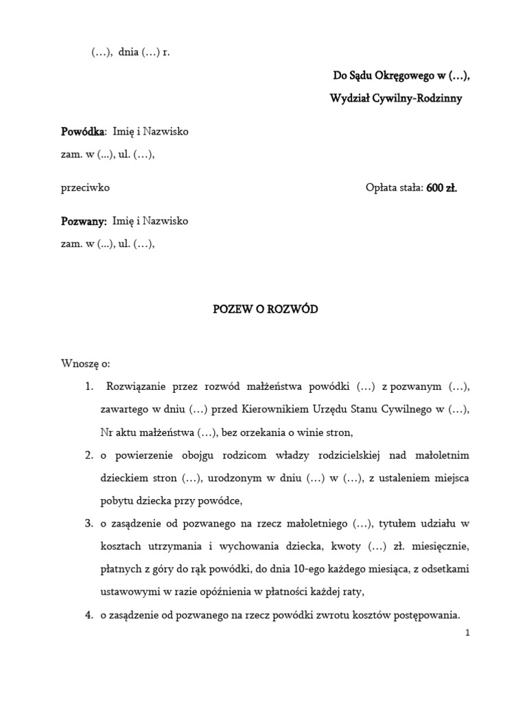 Pozew o Rozwod Bez Orzekania o Winie | PDF