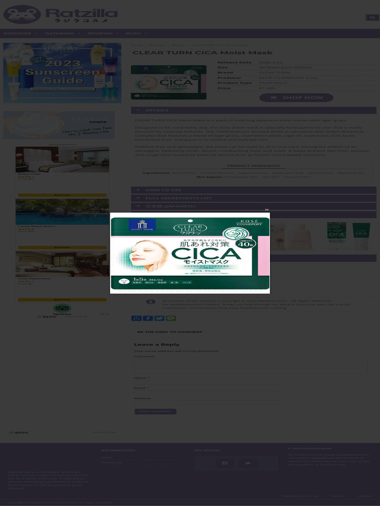 CLEAR TURN CICA Moist Mask RatzillaCosme | PDF