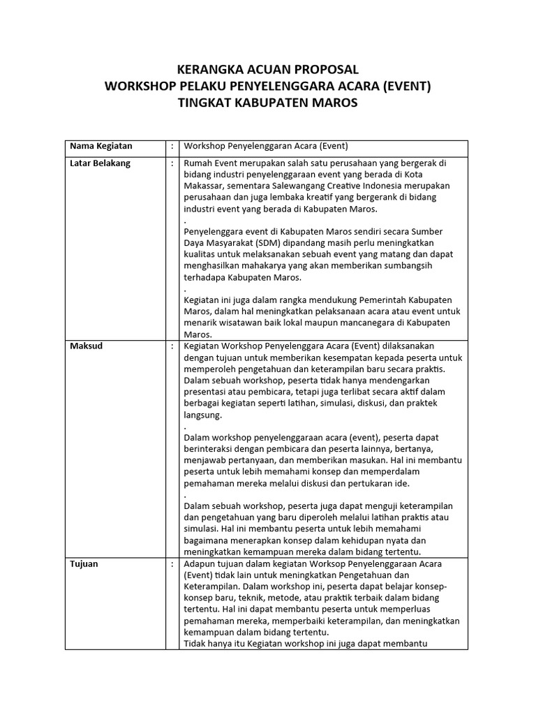 Kerangka Acuan Kerja Proposal Workshop Event | PDF | Karier & Perkembangan