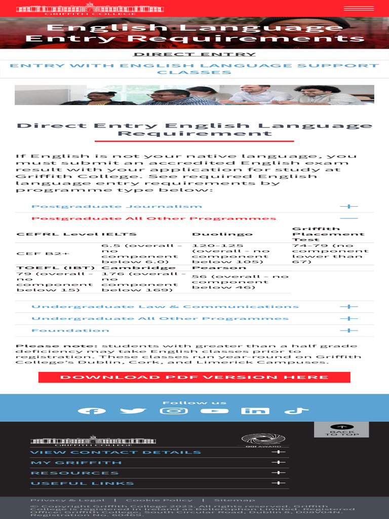English Language Entry Requirements Griffith College | PDF