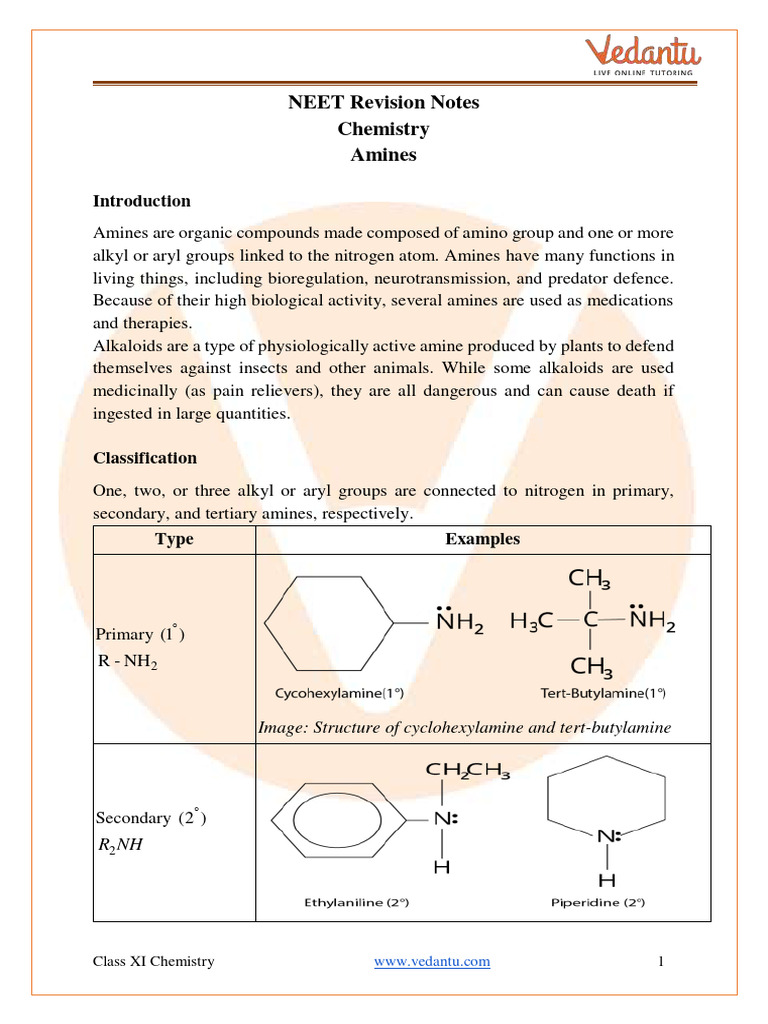 Amines Class 12 Notes NEET Chemistry [PDF] | PDF | Amine | Ammonium