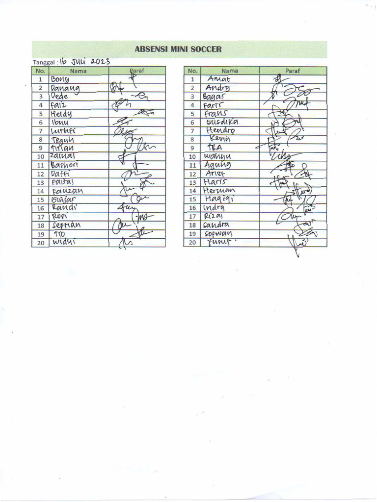 Absensi Mini Soccer | PDF