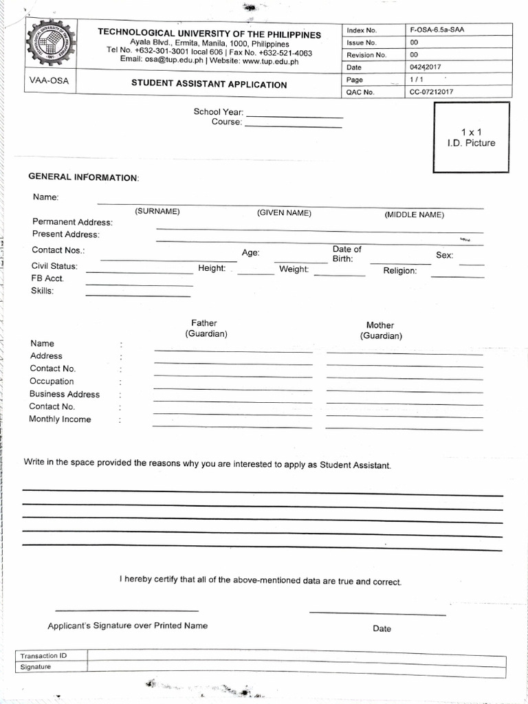 Student Assistant - Application Form | PDF