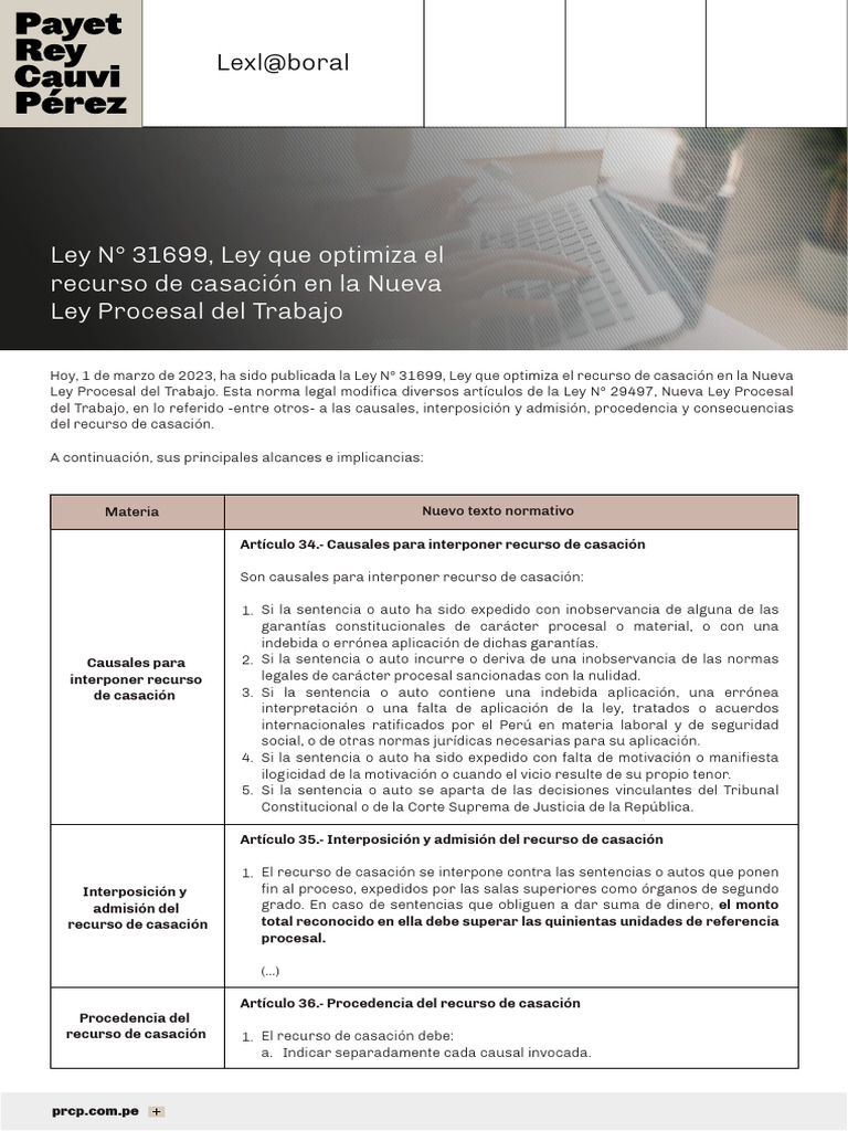 Ley No 31699 Ley Que Optimiza El Recurso de Casacion en La Nueva Ley ...