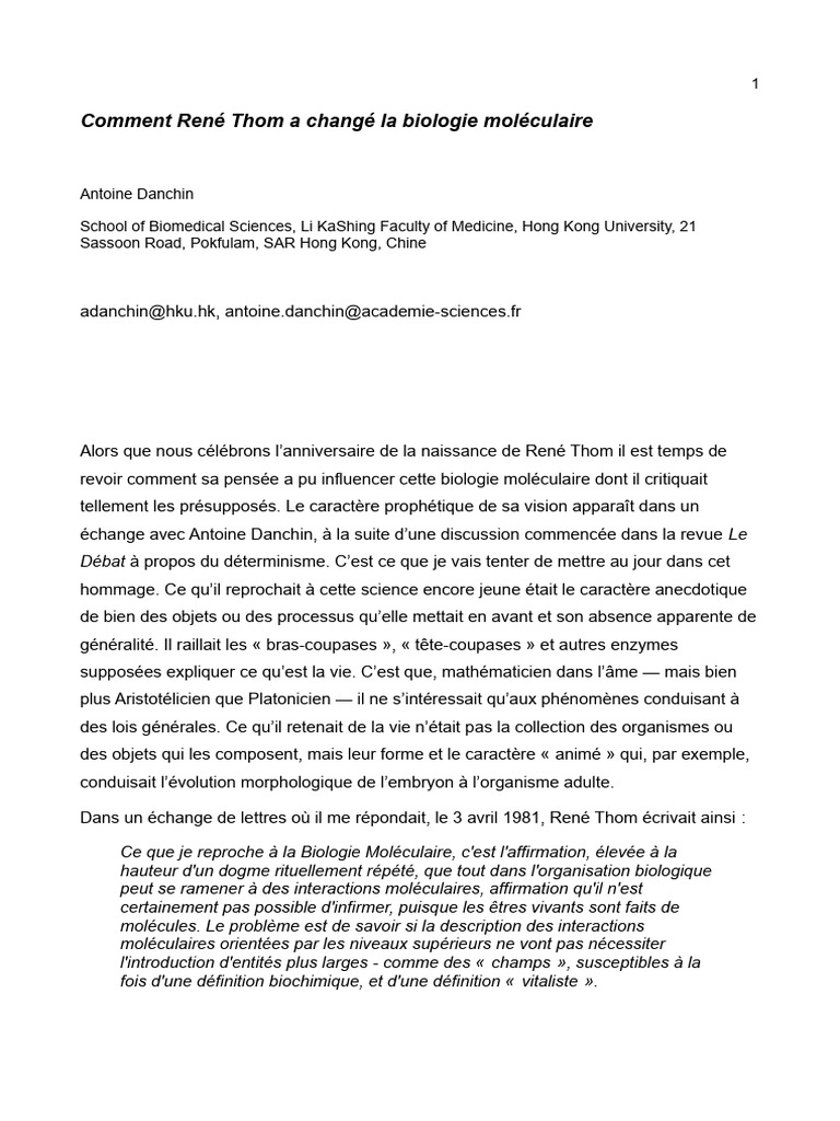 Comment René Thom A Changé La Biologie Moléculaire | PDF | Philosophie