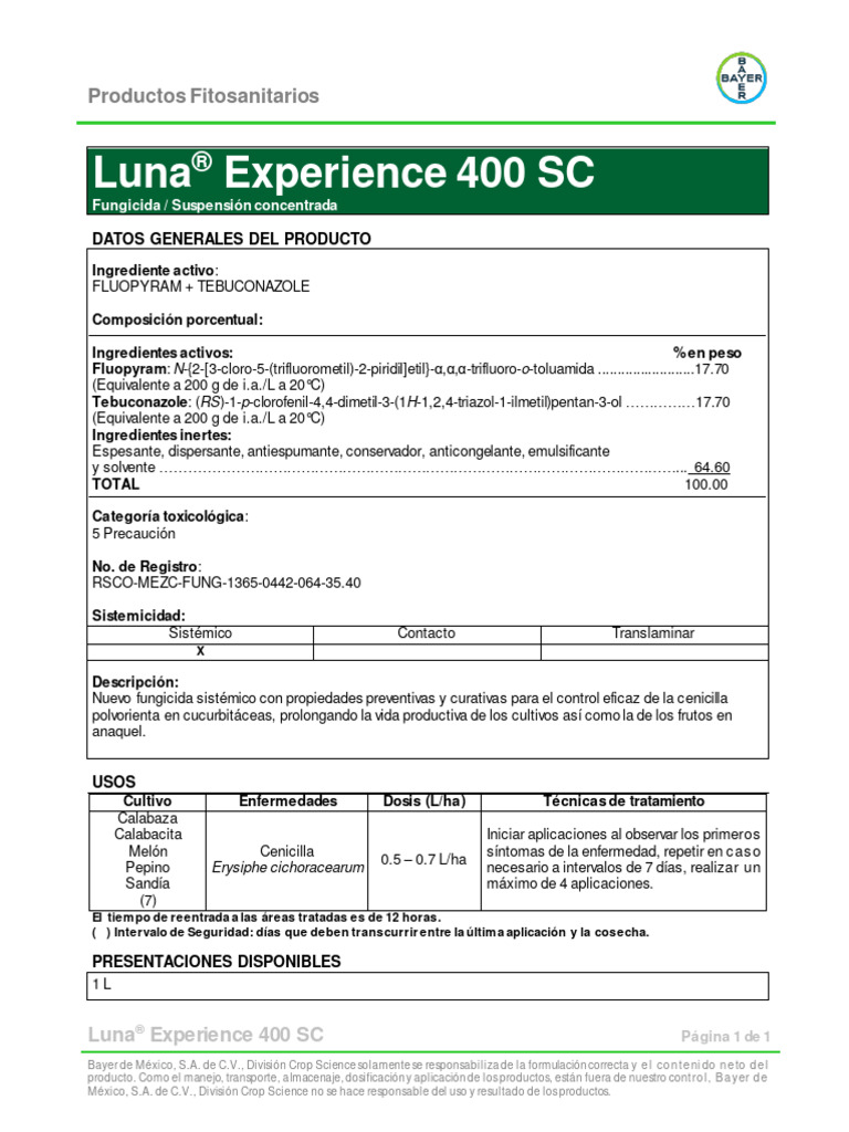 Ficha Técnica - Luna Experience 400 SC | PDF