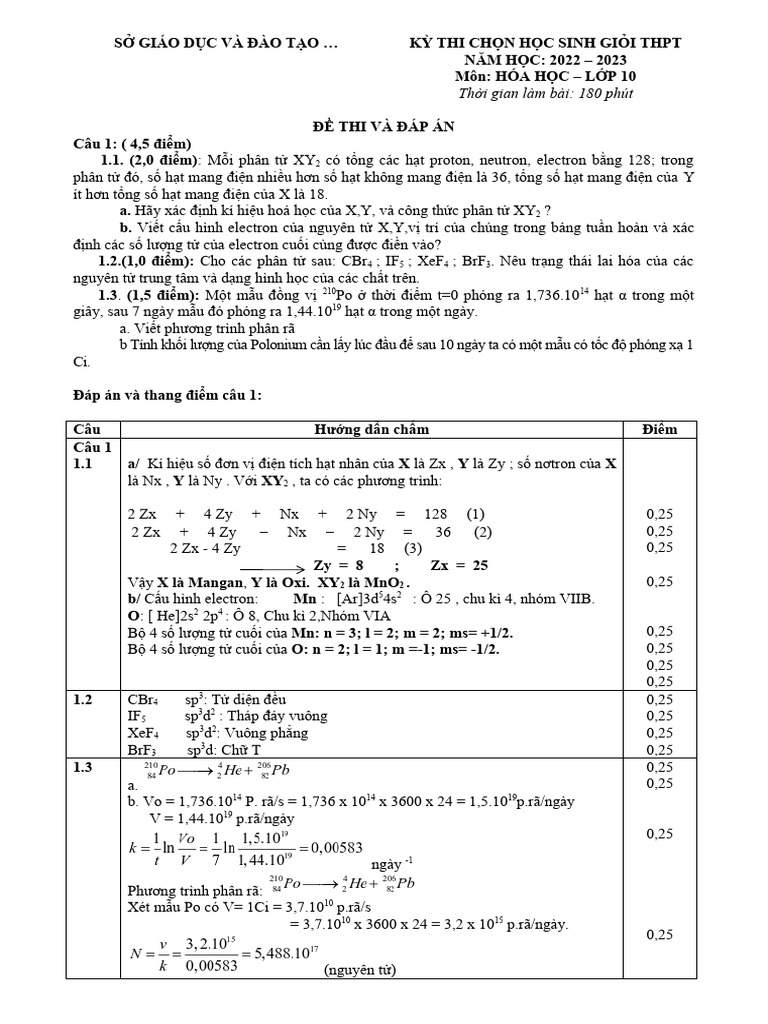 2022-2023 HSG Hóa 10 - Không Tên Số 1 - Đề + HDC | PDF