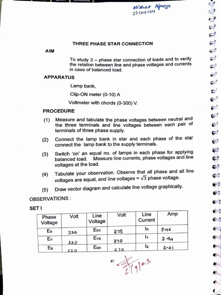 22CHE154 B EEE LAB 3 Phase Star Connection Experiment | PDF