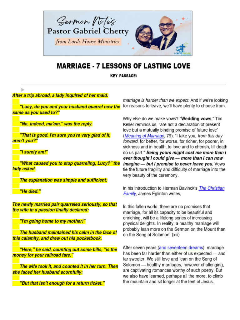 Marriage Sermon - 7 Lessons of Lasting Love | PDF