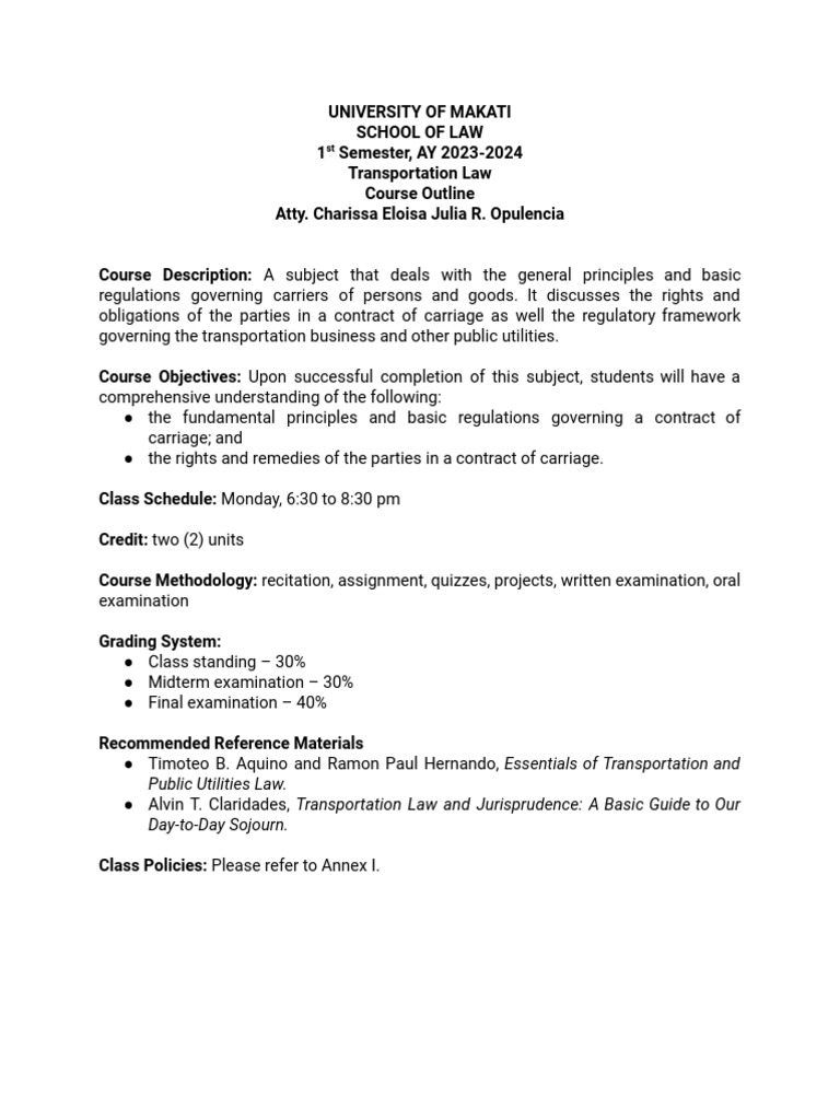 UMak-SOL-Transportation-Law-Course-Outline-1st-Sem-AY-2023-24-without ...