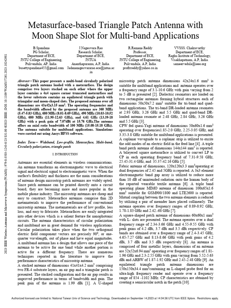 Metasurface-Based Triangle Patch Antenna With Moon Shape Slot For Multi-Band Applications | PDF ...