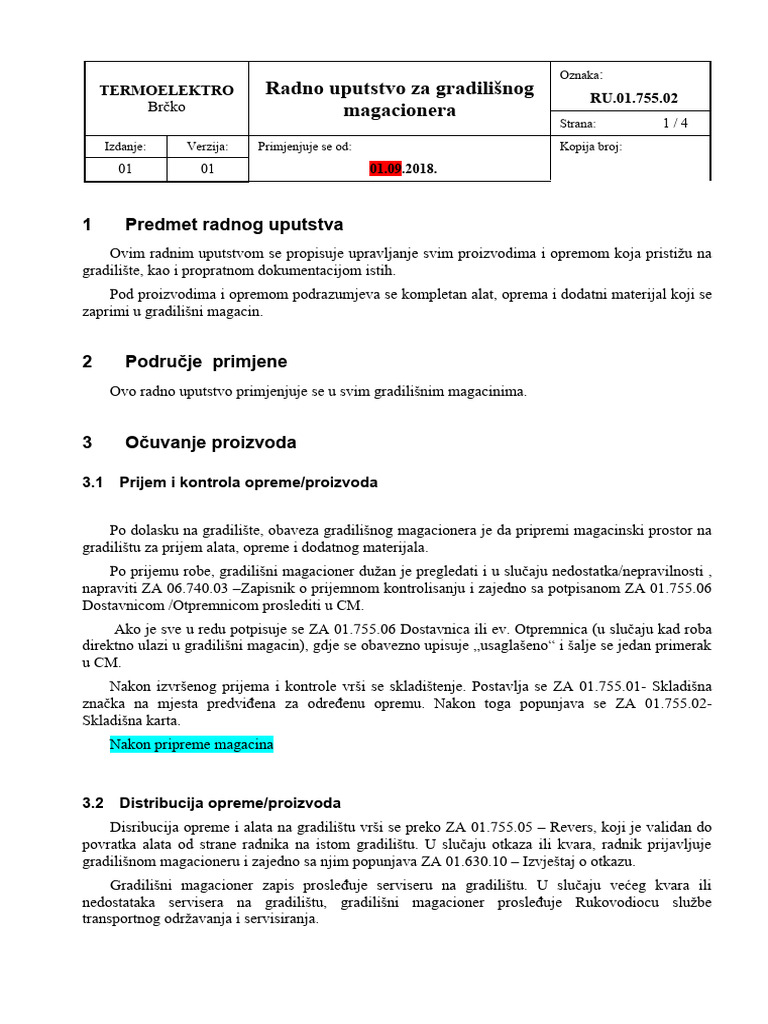 RU.01.755.02 - Radno Uputstvo Za Gradilišnog Magacionera | PDF
