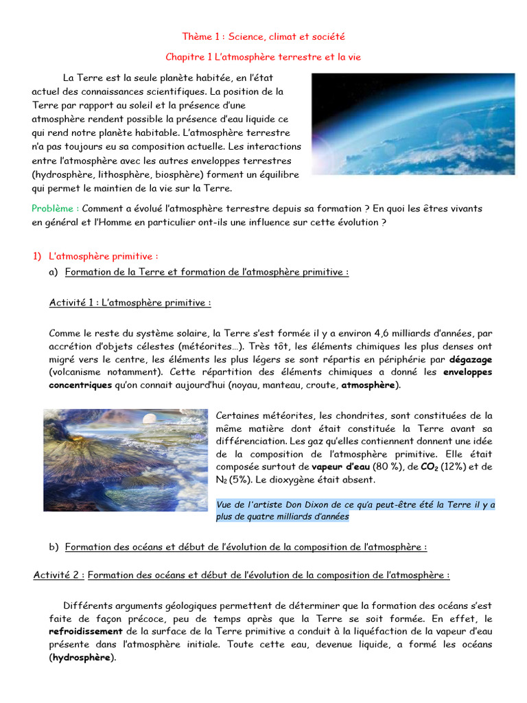 Cours chapitre 1 Atmosphère primitive élève | PDF