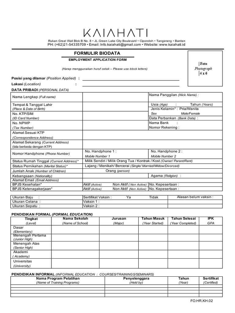 Formulir Biodata Lamaran Kerja | PDF