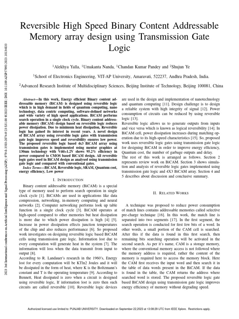 Reversible High Speed Binary Content Addressable Memory Array Design Using Transmission Gate 
