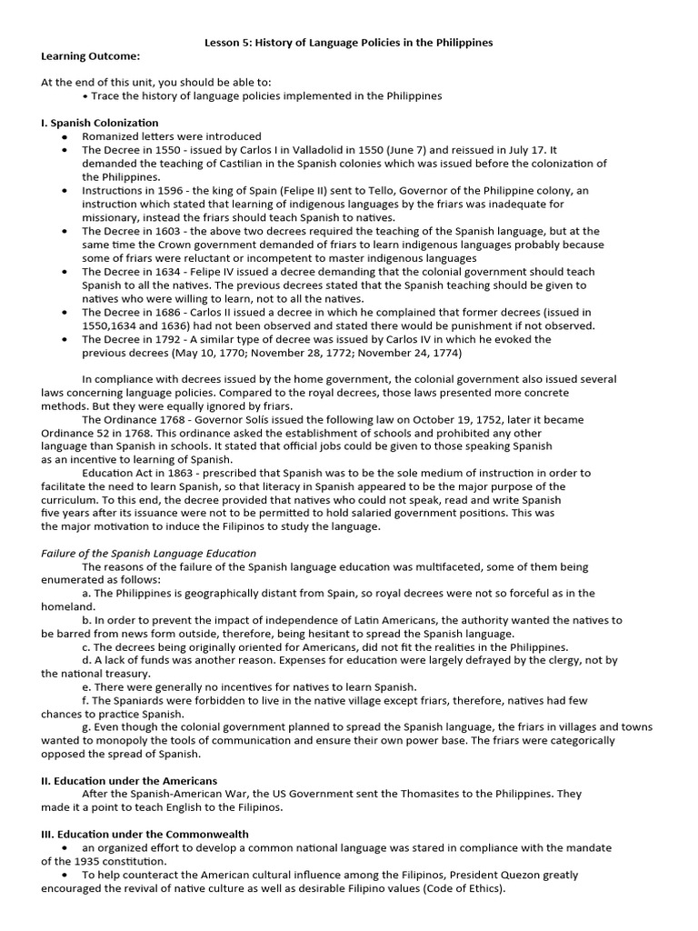 Lesson 5 Language Policies in The Philippines | PDF | Spanish Empire | Philippines