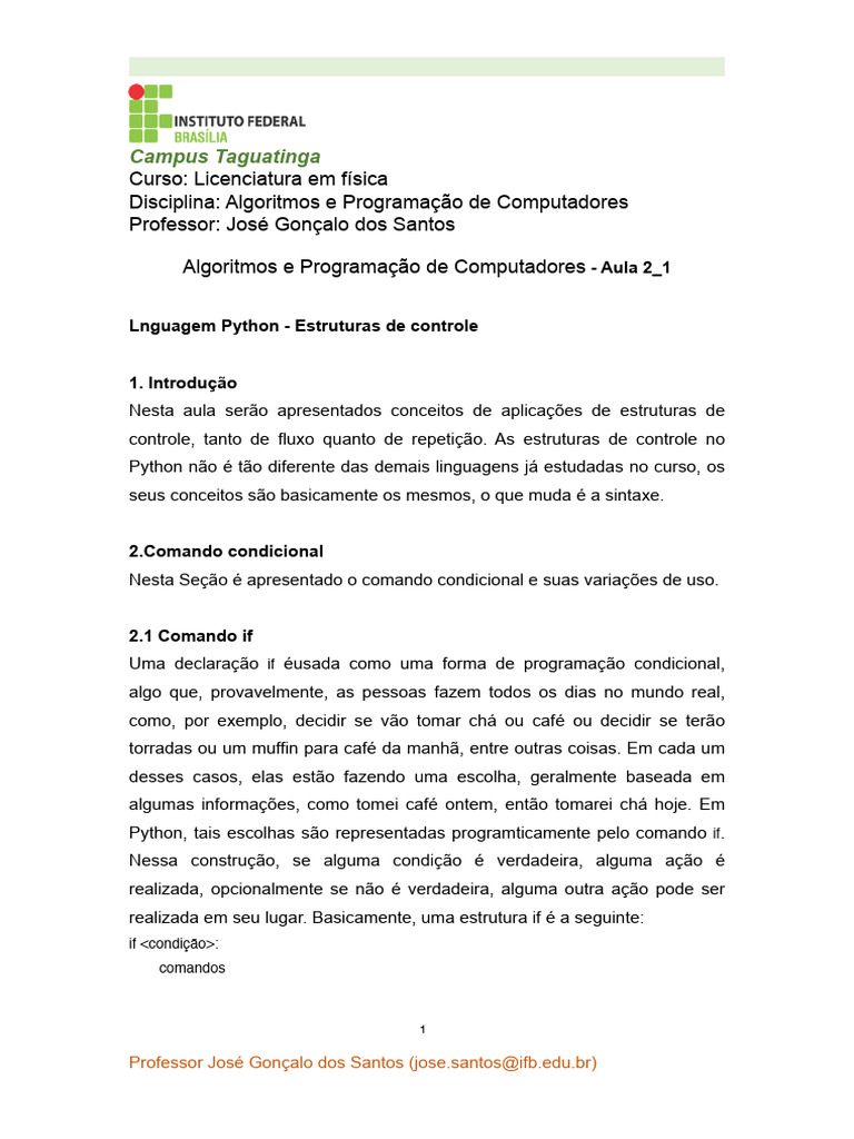 Aula2 1estrutura Controle Python | PDF | Algoritmos | Python (linguagem ...