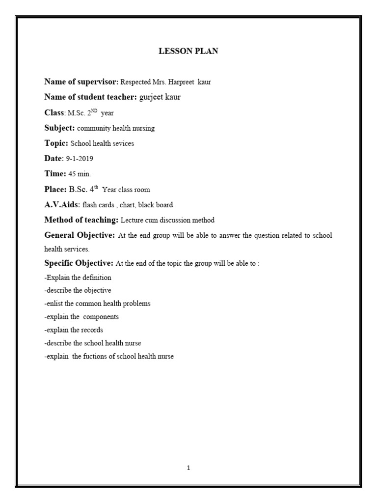 Lesson Plan On School Health Pdf