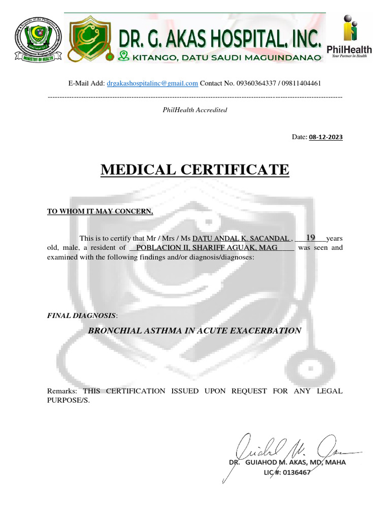 Medical Certificate for Bronchial Asthma | PDF | Finance & Money Management